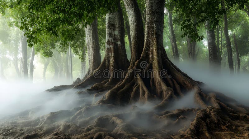 Fog Flowing from Giant Tree Roots in a Mystical Forest Atmosphere ...