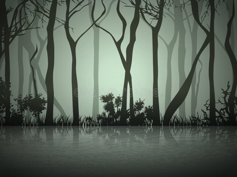 Fog Forest Near Lake stock vector. Illustration of monochrome - 39305629
