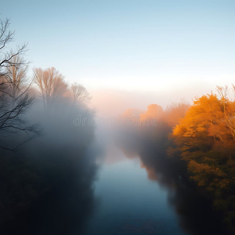 Fog Lifting on River with Autumn Trees Stock Illustration ...