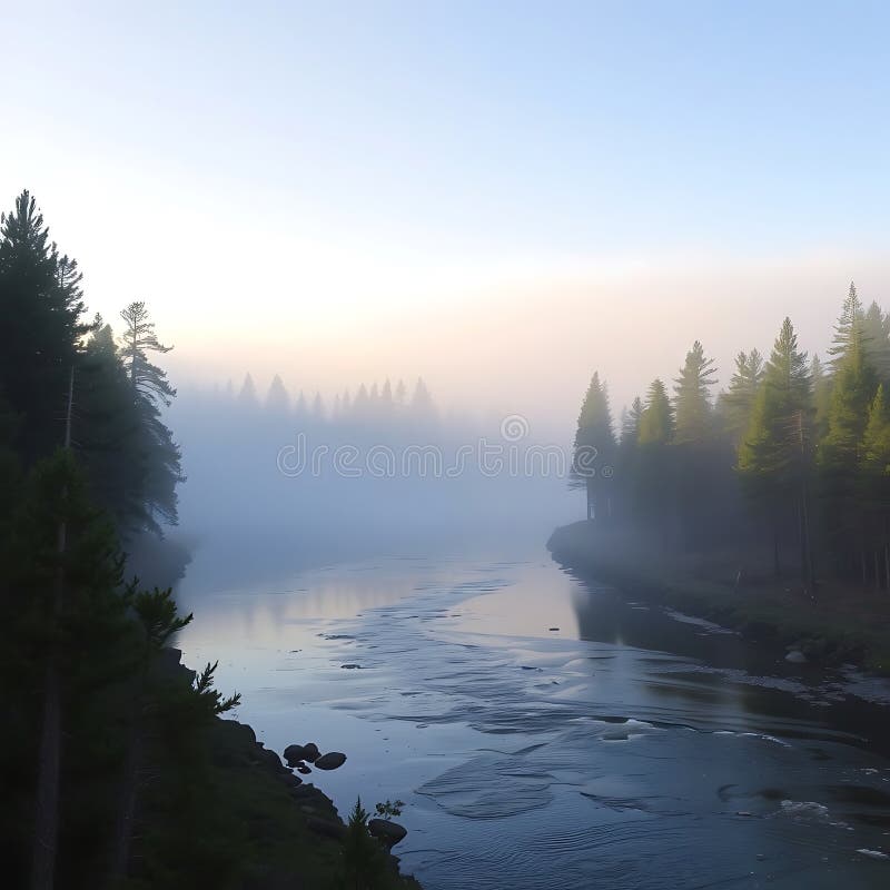 Fog Lifting from River with Pines Stock Illustration - Illustration of ...
