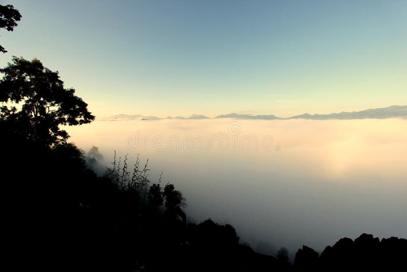 Fog on the Mountain in the Morning with Tree Silhouette Stock Image ...