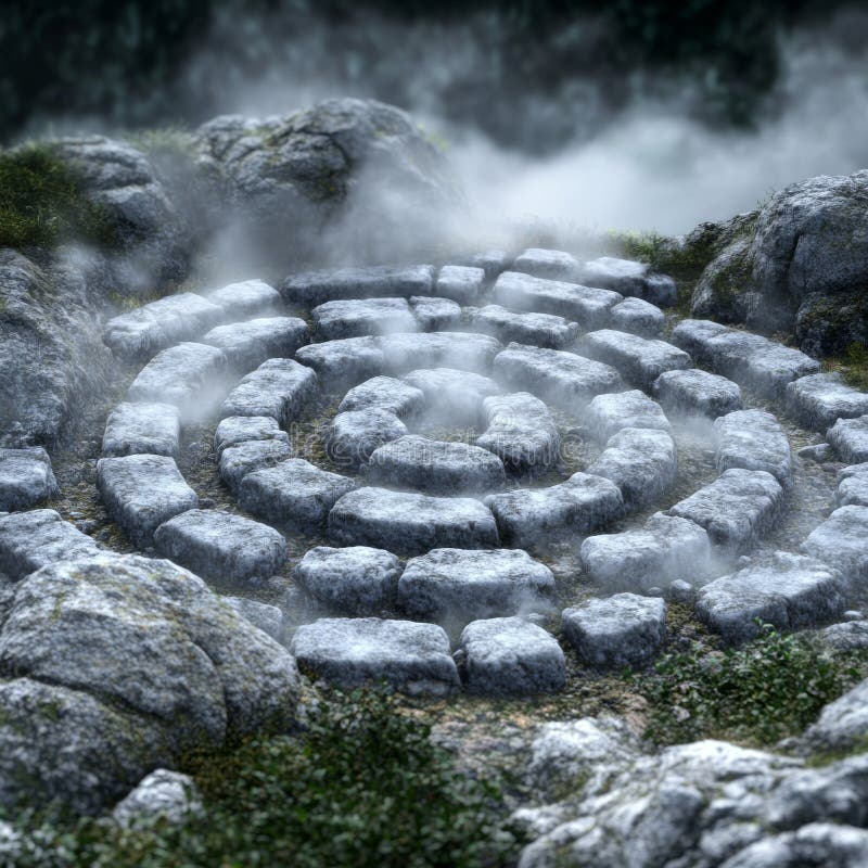 Fog and Nature Surround a Mysterious Stone Labyrinth Stock Photo ...