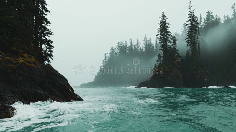 Fog Over Coastal Forests with Turquoise Waters Stock Illustration ...