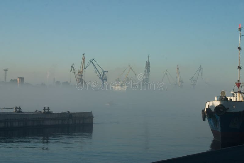 Fog over harbor stock photo. Image of crane, harbor, water - 740686