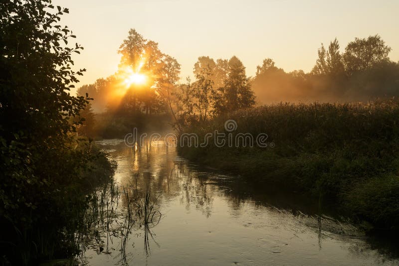 Fog Over the River at Dawn. Horizontal Photo Stock Photo - Image of ...