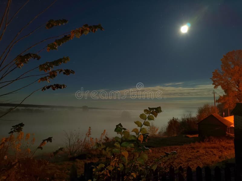 Fog Over the River and the Moon in the Sky at Night Stock Photo - Image ...