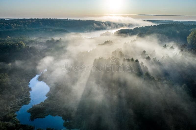 Fog Over River with Rays in Autumn, Aerial View Stock Photo - Image of ...