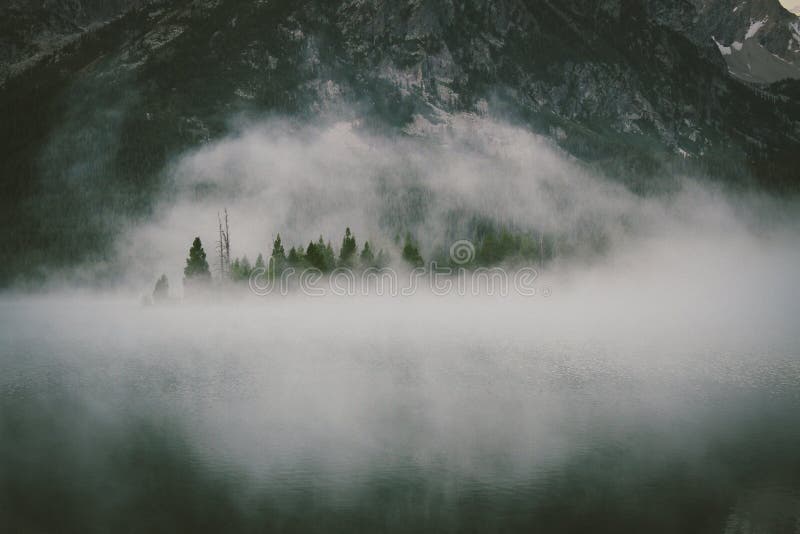 Fog Over Water By Mountain Forest Picture. Image: 88624705
