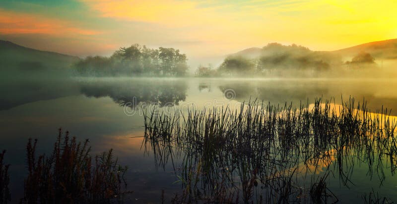 Fog Rising at the Lake stock photo. Image of lake, shilouette - 106944652
