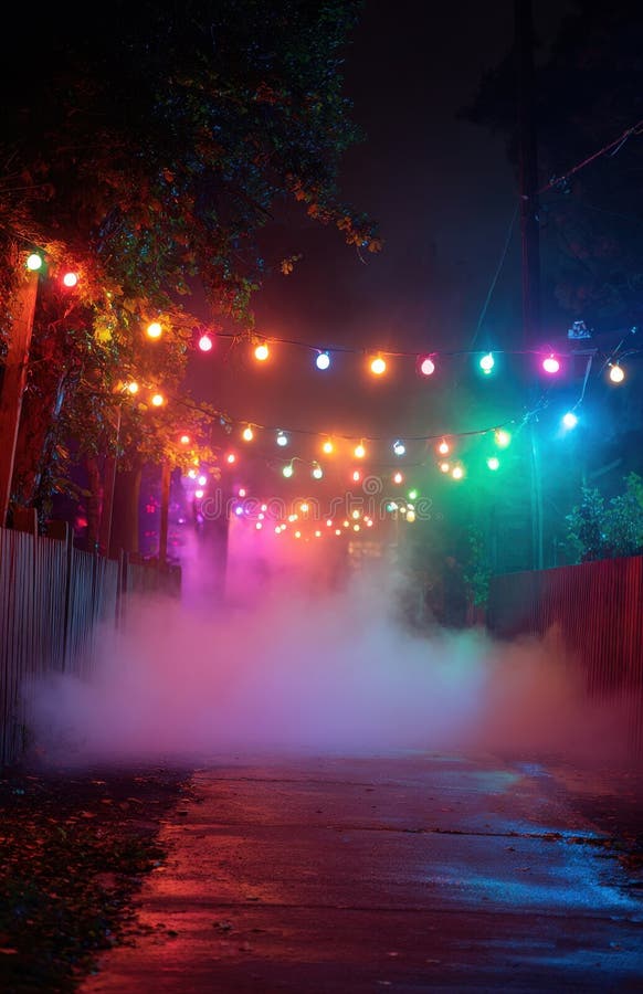 Fog Rolling Down Empty Alley at Night with Colorful String Lights Stock ...
