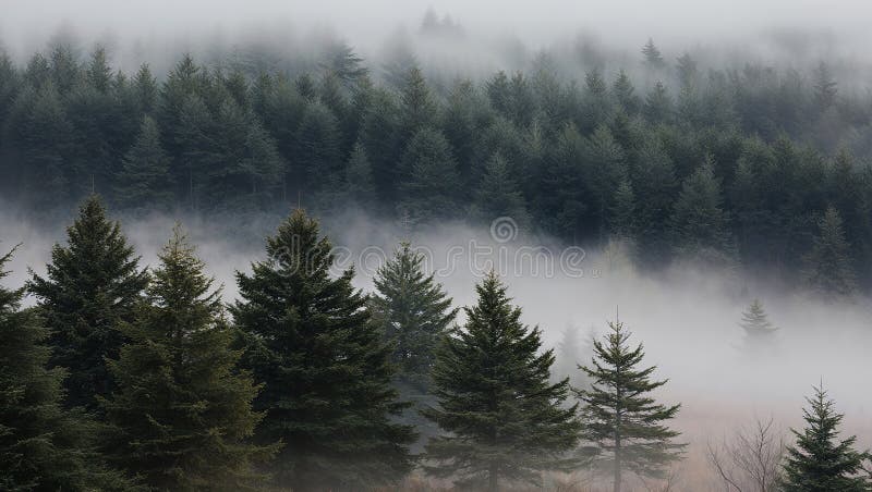 Fog Rolling through Evergreen Forest on Moody Day Stock Illustration ...