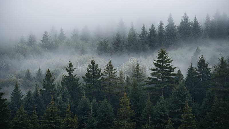 Fog Rolling through Evergreen Forest on Mountainside Stock Illustration ...