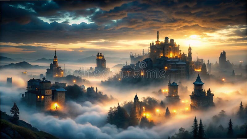 Fog Rolling Over an Abandoned, Eerie City at Night Stock Illustration ...