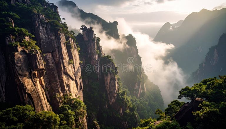 Fog Rolling Over Steep Rocky Cliffs with Harsh Terrain and Dramatic ...