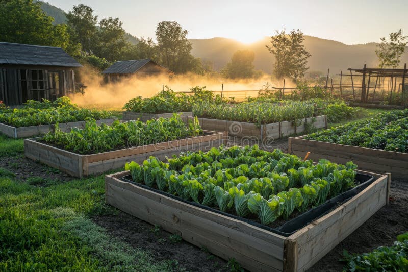 Fog Rolling Over a Vegetable Garden at Sunrise, Creating a Magical ...