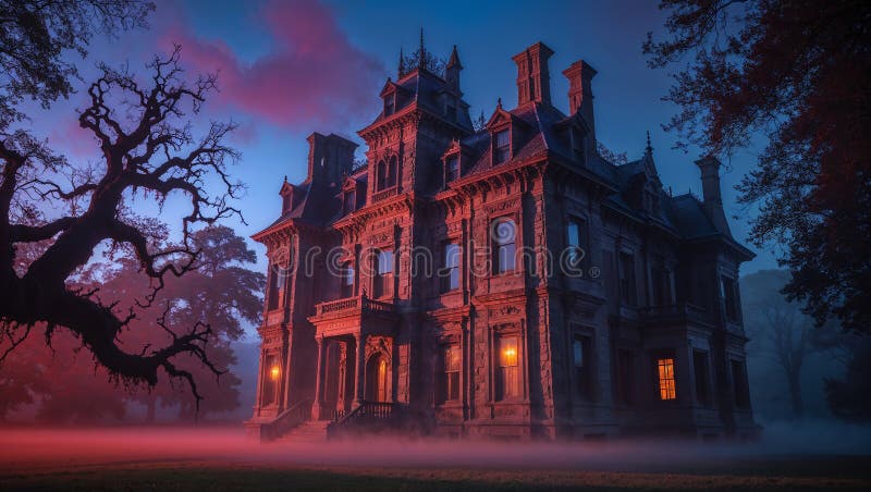 Fog Rolling Over Victorian Era Haunted House at Twilight Stock ...