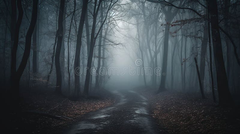 Fog in Spooky Forest at Moon Light on Asphalt - Abstract Bokeh, Generative Ai Stock Illustration ...
