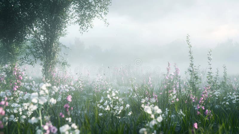 In the Fog of a Tall Grass Field, Bright Pink and White Flowers Bloom ...