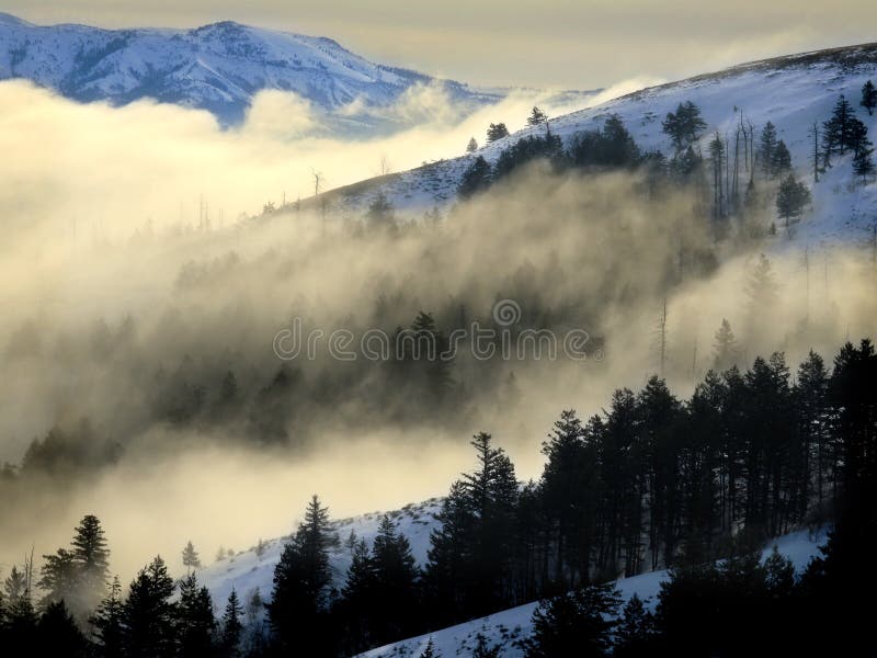 Fog in a Valley with Mountains Stock Image - Image of cascade, beam ...