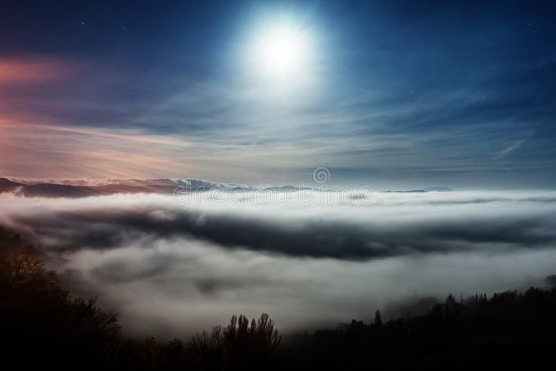 Fog in the Valley Under the Moonlight Stock Photo - Image of foggy ...