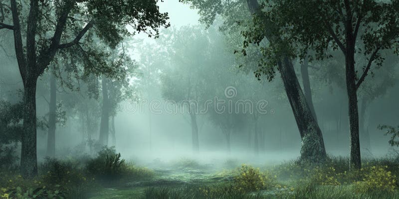 A Foggy and Atmospheric Forest Scene with Numerous Tall Trees Stock ...