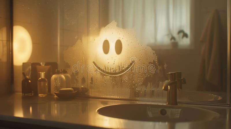 Foggy Bathroom Mirror with Smiley Face Drawn on it, Warm Light ...