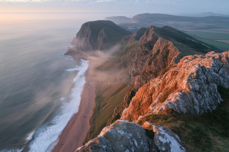 Foggy Beach Scene Featuring a Cliff and Serene Shoreline. Stock Image ...
