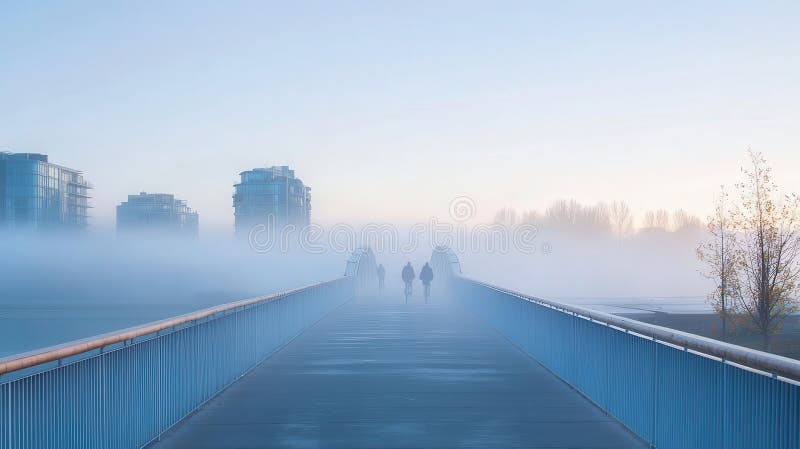 A Foggy Bridge Scene with Silhouetted Figures Walking Towards the ...