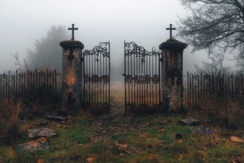 Foggy Cemetery Gate with Crosses and Iron Fence Stock Illustration ...