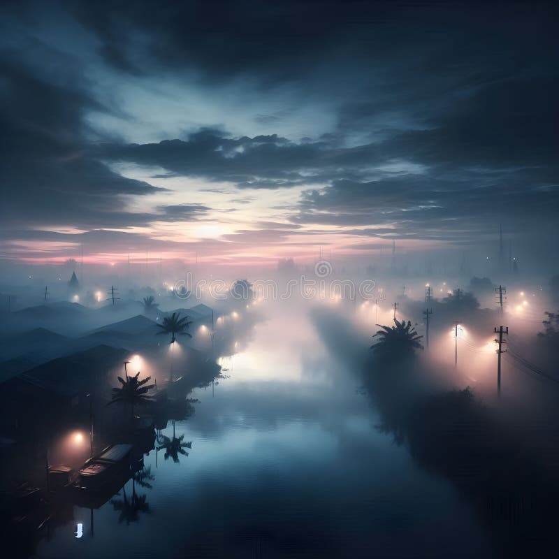 Foggy and Chilly Morning of Distant Light from an Eerie Canal Scene As ...