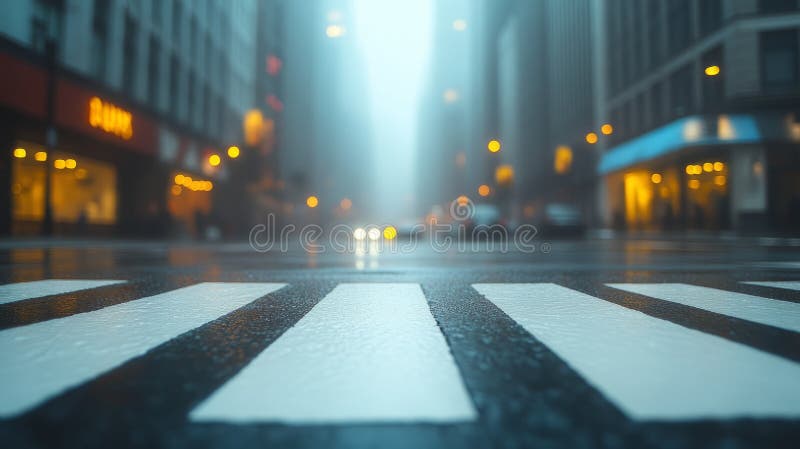 Foggy City Street with an Empty Crosswalk and Distant Buildings. Stock ...