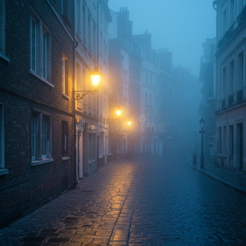 Foggy City Street at Night with Cobblestone Path Stock Illustration ...