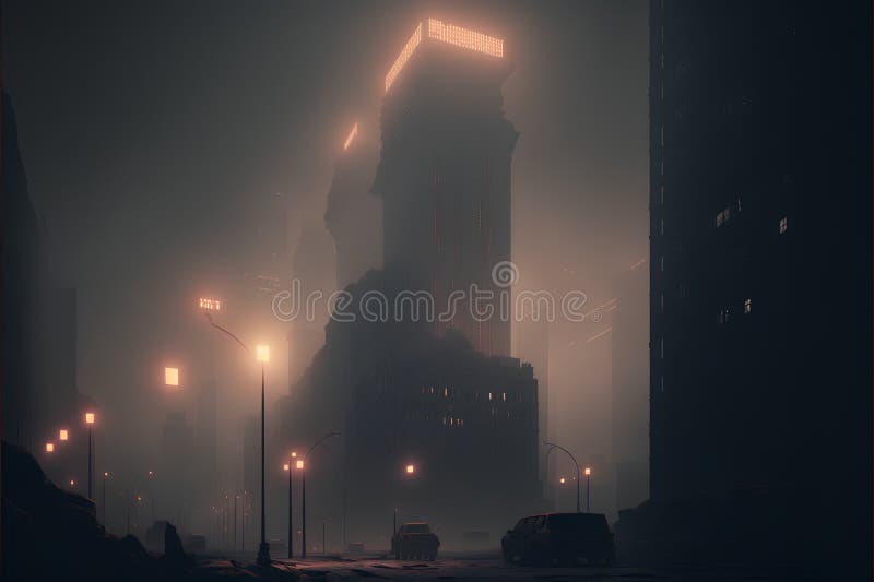 Foggy City Street at Night. 3d Render Illustration Stock Illustration ...