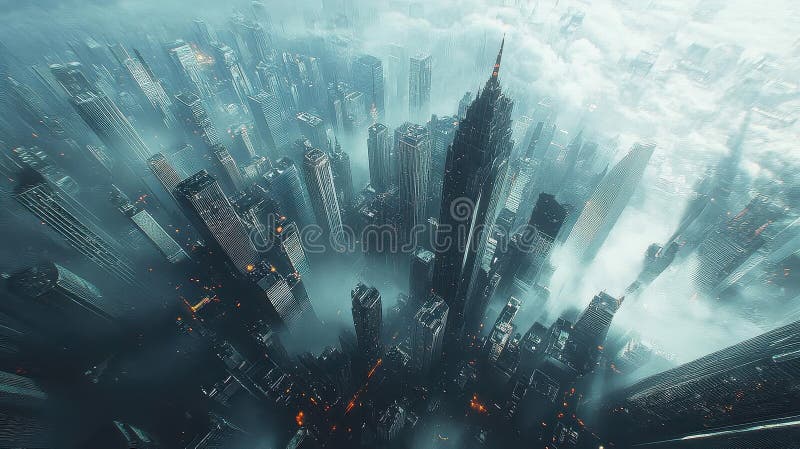 A Foggy Cityscape with Tall Buildings Reaching Towards the Clouds Stock ...