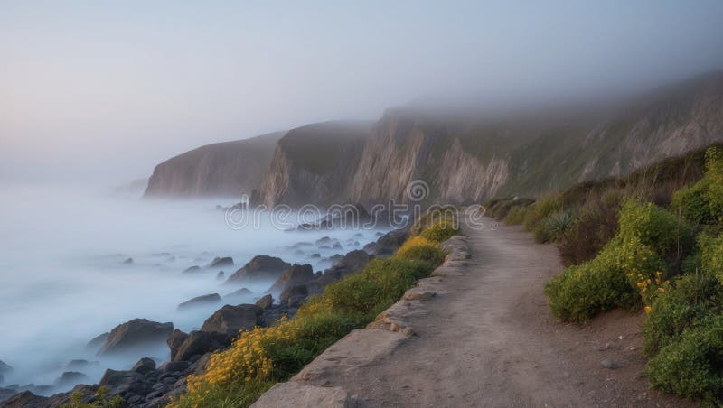 Foggy Coastal Path with Rocky Cliffs and Vegetation Along the Shore at ...