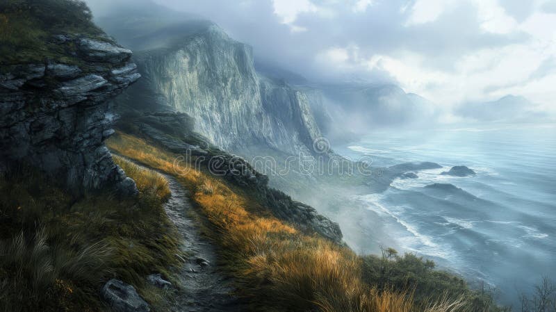 Foggy Coastal Path with Rocky Cliffs and Waves Stock Illustration ...