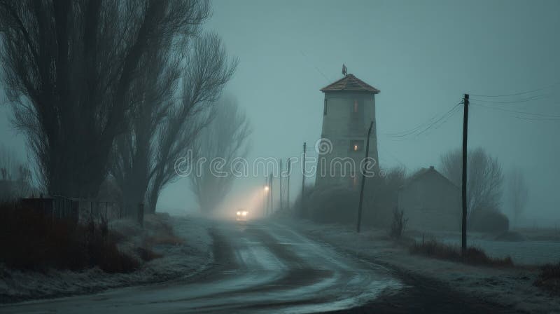 Foggy Country Road with Distant Tower at Night Stock Illustration ...