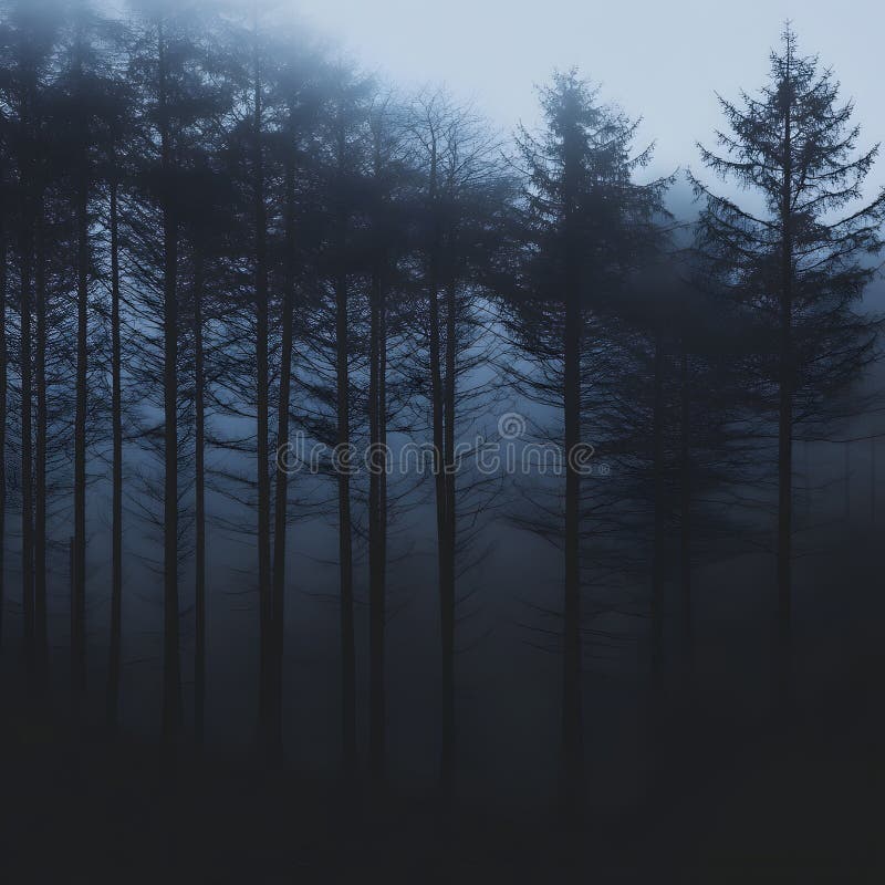 Foggy Dark Forest with Coniferous Trees and Blue Sky. Nature Background ...