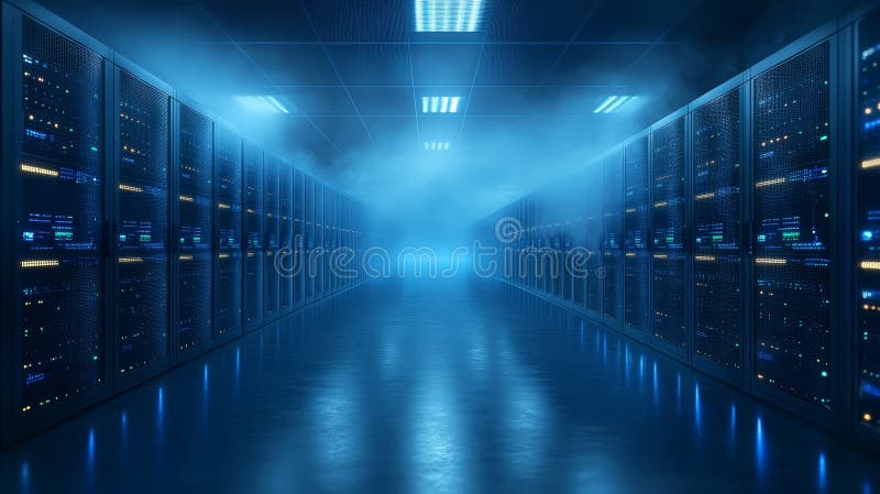 Foggy Data Center with Glowing Server Racks Stock Illustration ...