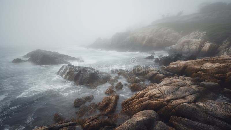 A Foggy Day at the Coast with Rocks and Water Stock Illustration ...