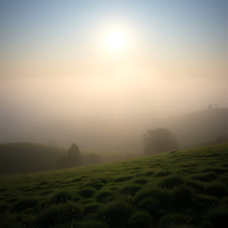 Foggy English Countryside at Sunrise Stock Illustration - Illustration ...