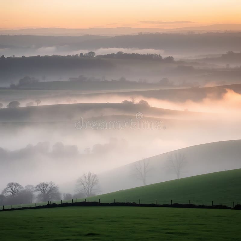 Foggy English Countryside at Sunrise Stock Illustration - Illustration ...