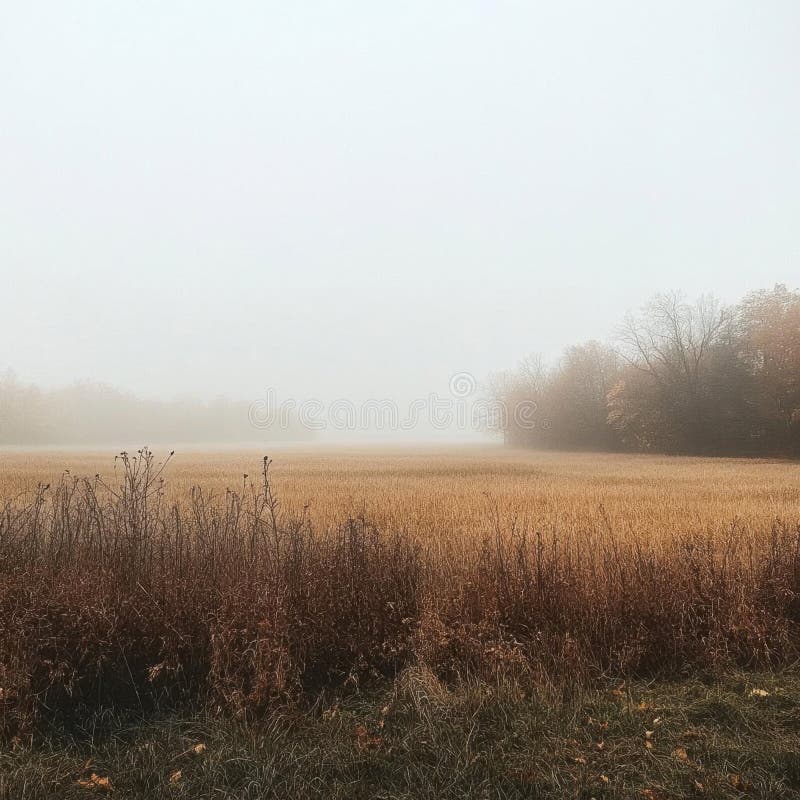 Foggy Field with Golden Grass and Distant Trees Stock Illustration ...