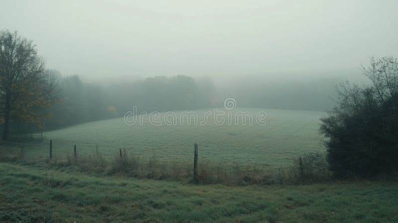 Foggy Field Surrounded by Trees in the Early Morning Stock Illustration ...