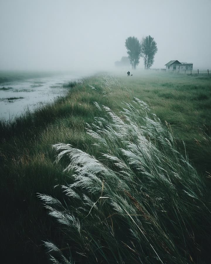 A Foggy Field with Tall Grass and a House in the Background Stock Photo ...