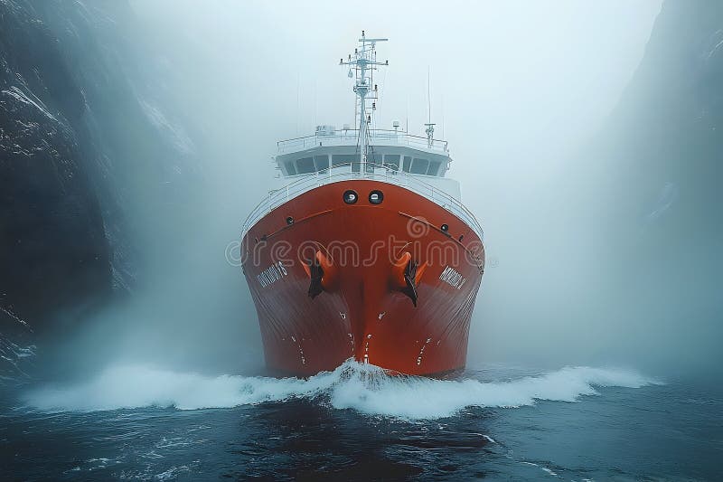 Red Cargo Ship in Fog stock illustration. Illustration of ship - 386604574