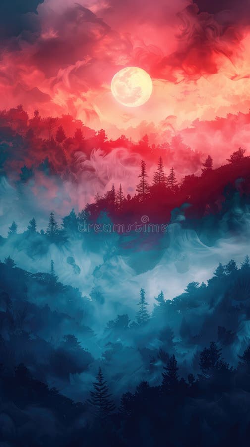 Foggy Forest in the Mountains at Sunset. Vertical Background. Digital ...