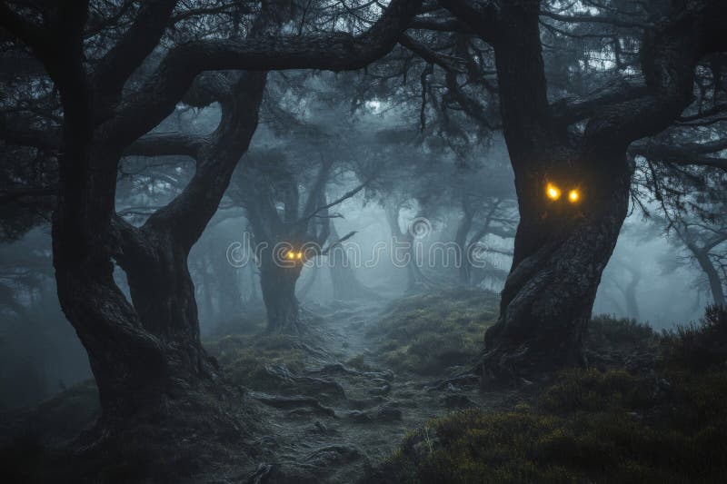 A Foggy Forest Path with Glowing Eyes in the Trees Stock Illustration ...