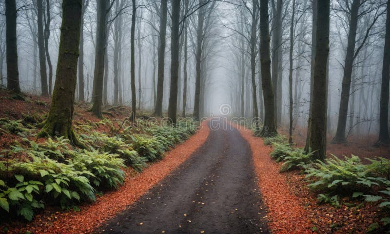 A Foggy Forest Path Lined with Red Leaves Winds through Tall Trees ...