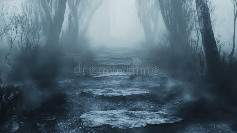 Foggy Forest Path with Stone Stepping Stones Stock Illustration ...